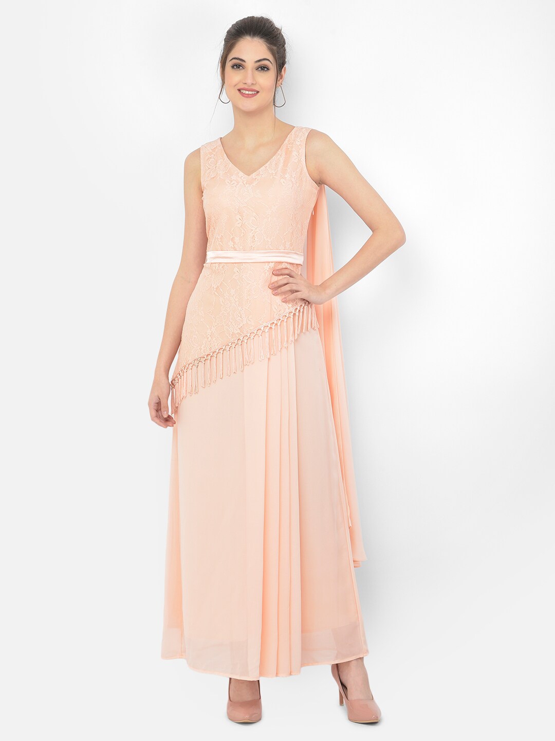Buy Eavan Peach Coloured Floral Georgette Maxi Dress Dresses For