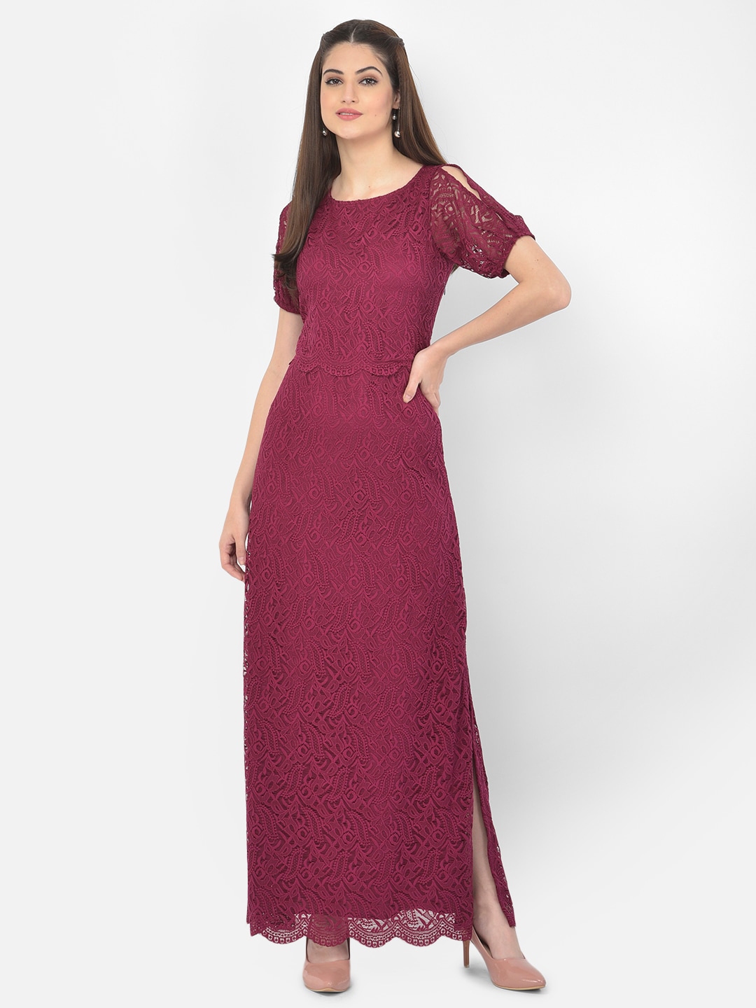 Buy Eavan Burgundy Lace Maxi Dress Dresses For Women 16008338 Myntra