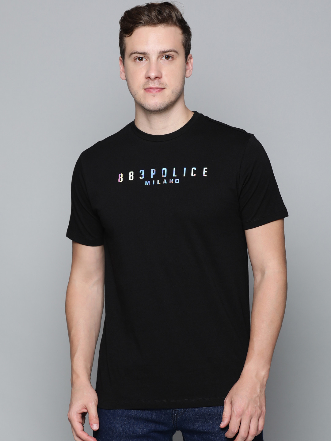 Buy 883 Police Men Black Brand Logo Printed Pure Cotton T Shirt ...