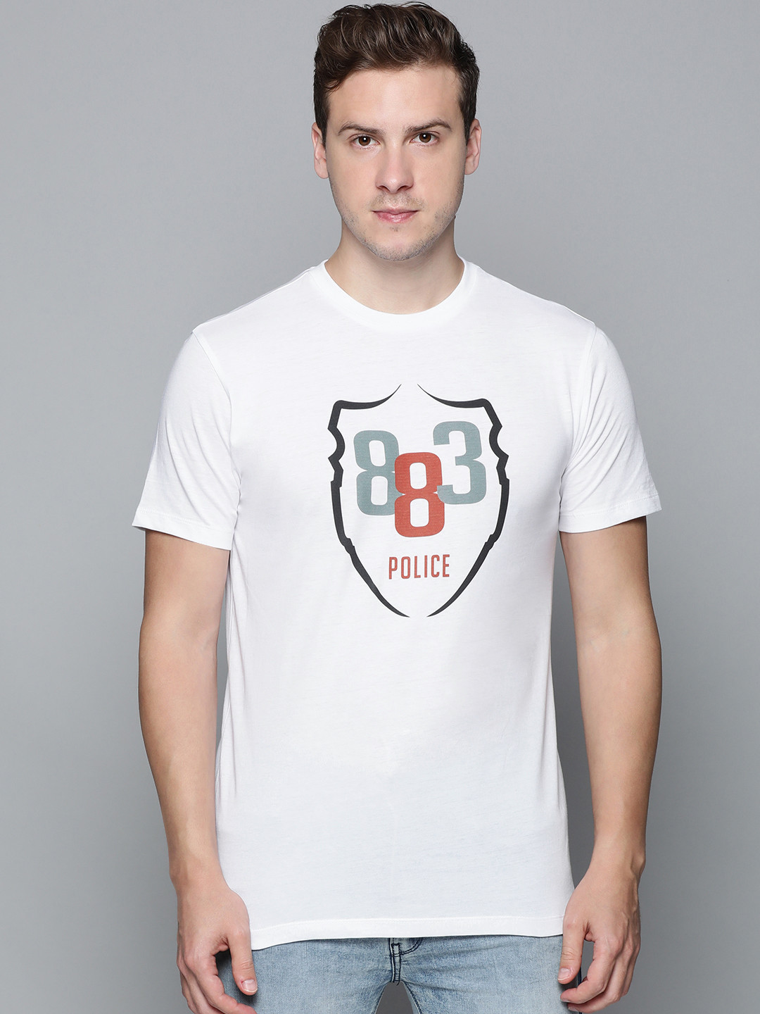 Buy 883 Police Men White Brand Logo Printed Pure Cotton T Shirt ...