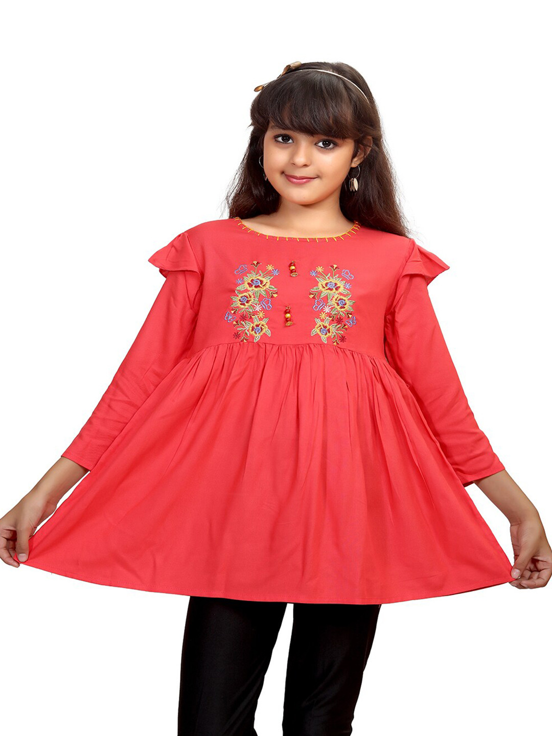 Buy Ishin Red Floral Embroidered A Line Longline Top - Tops for Girls ...