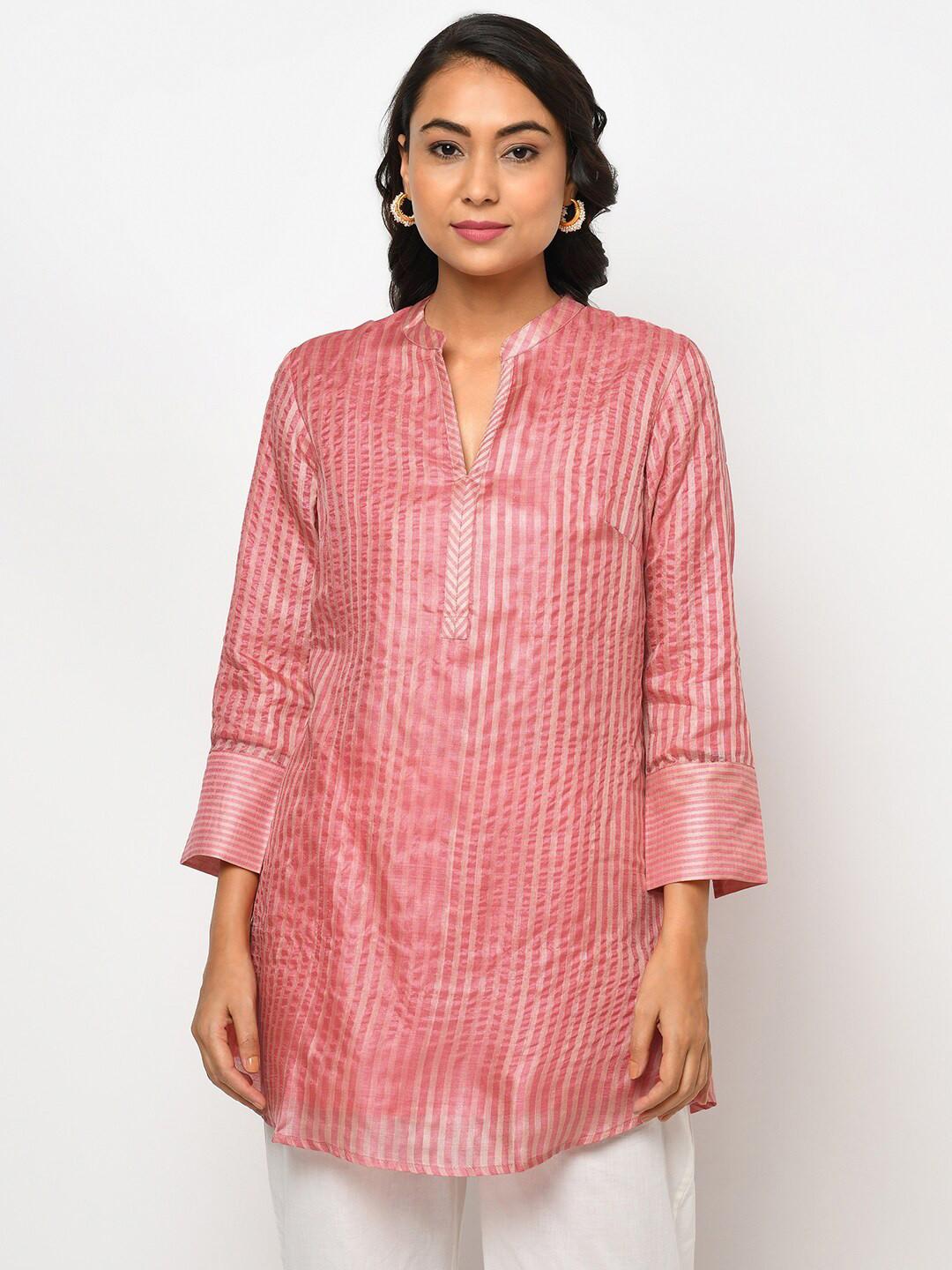 Buy Fabindia Pink Mandarin Collar Striped Tunic - Tunics for Women ...
