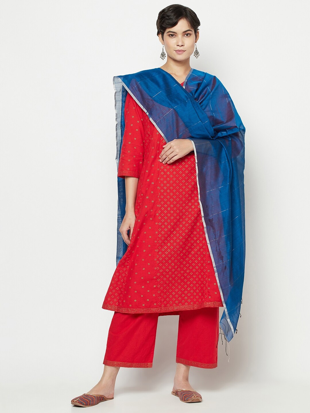Buy Fabindia Blue & Silver Toned Striped Cotton Silk Dupatta With Zari ...