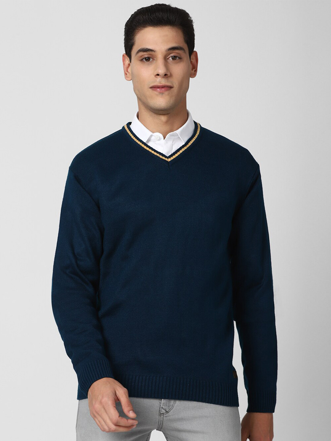 Buy Peter England Casuals Men Navy Blue Solid Pullover Acrylic Sweater ...