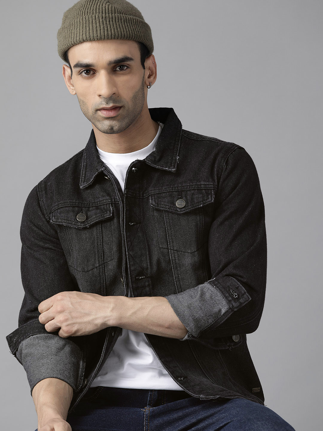 Buy The Roadster Lifestyle Co Men Black Lightly Faded Denim Jacket ...