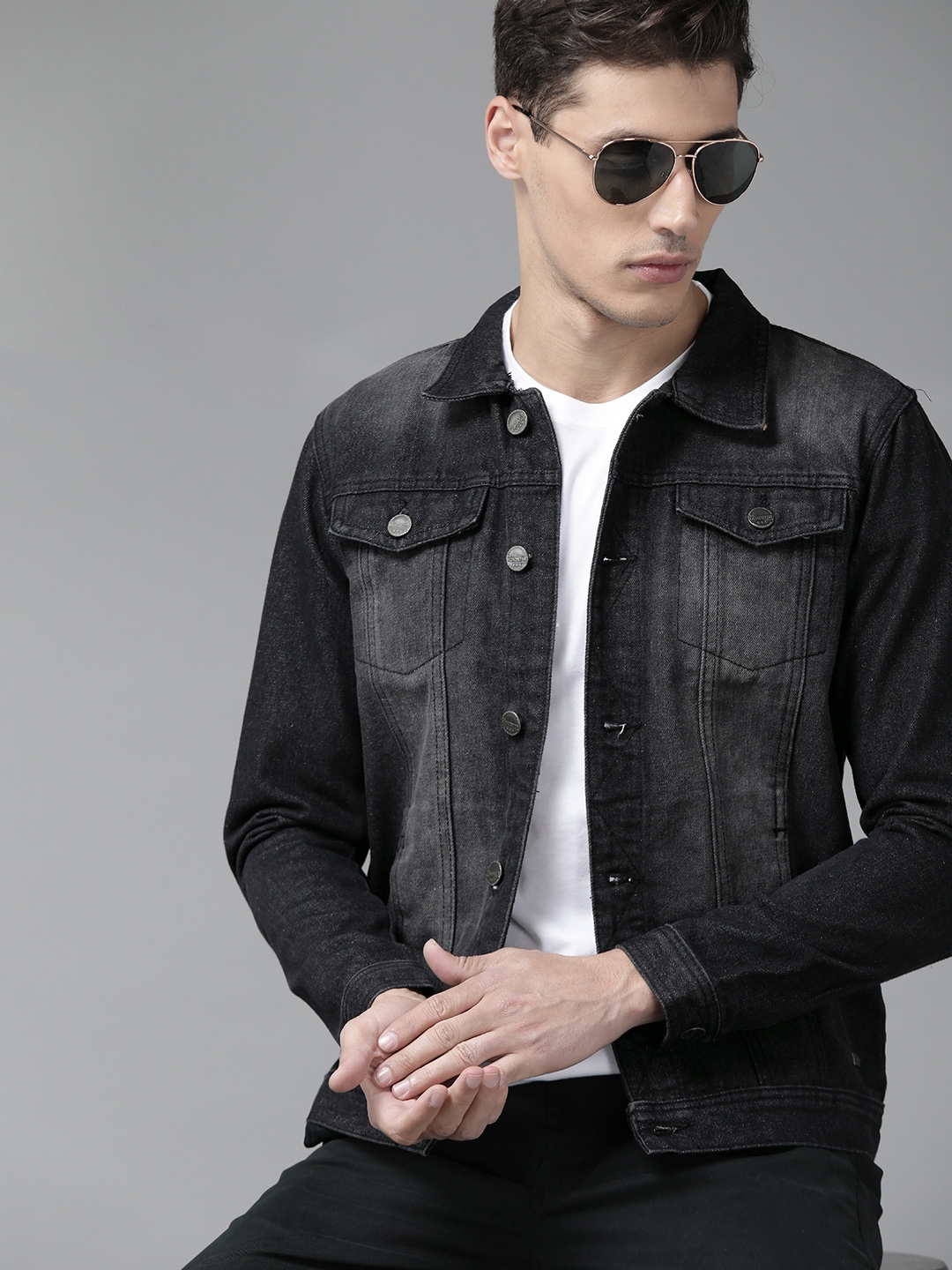 Buy The Roadster Lifestyle Co Men Black Solid Pure Cotton Denim Jacket