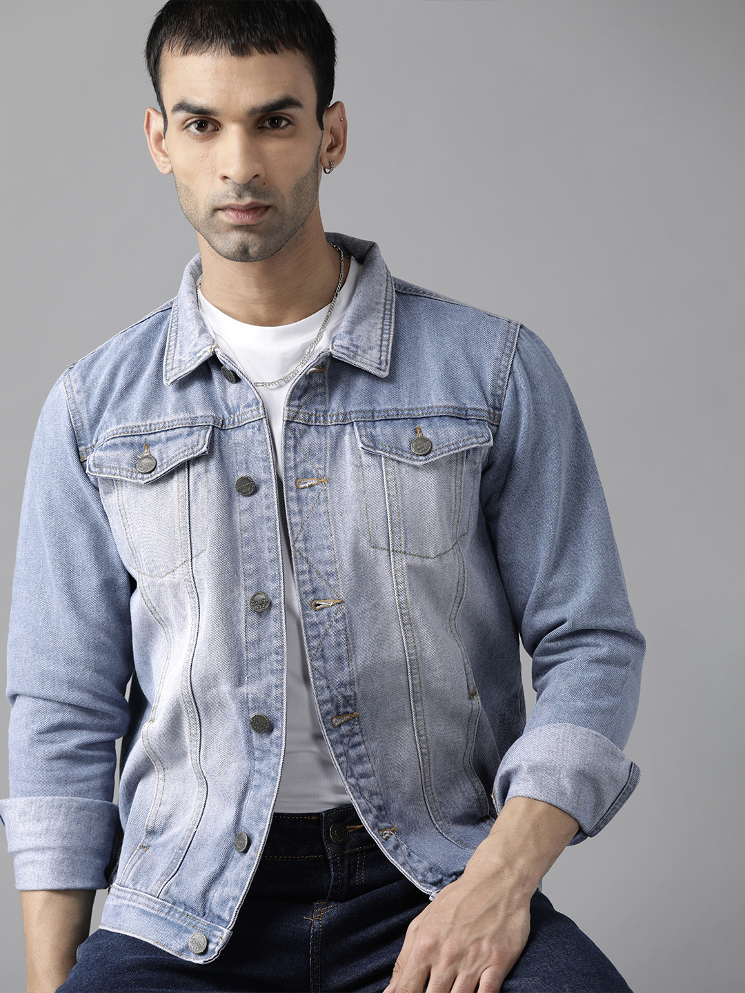 Buy Roadster Men Blue Washed Lightly Faded Denim Jacket - Jackets for ...