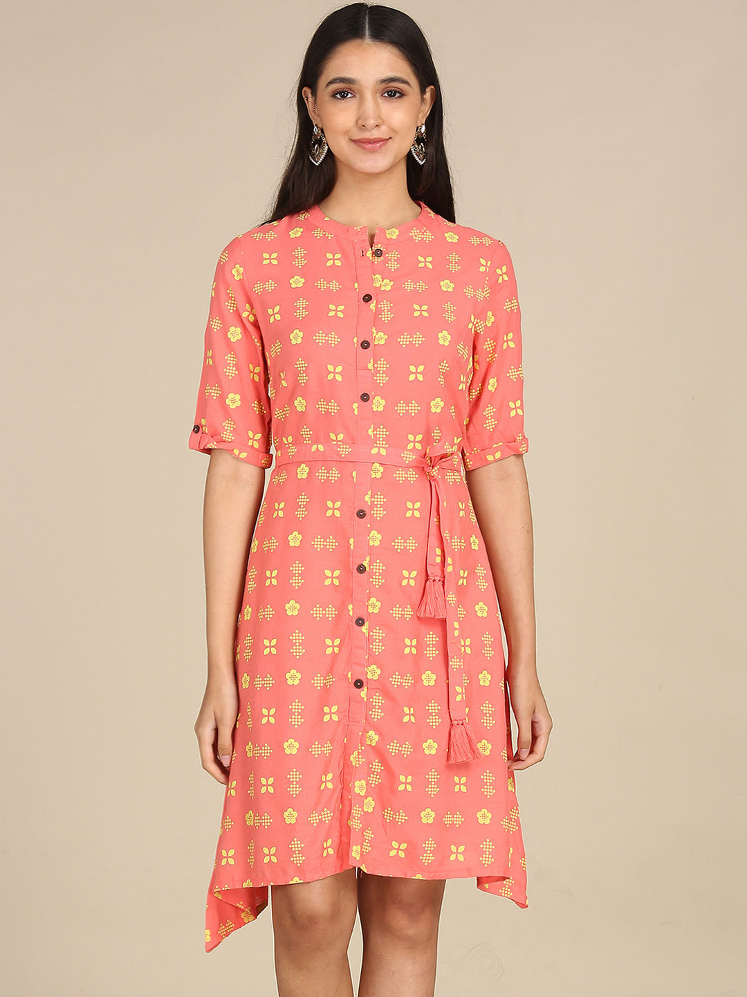Buy Karigari Women Peach & Yellow Printed Belted Shirt Dress - Ethnic ...