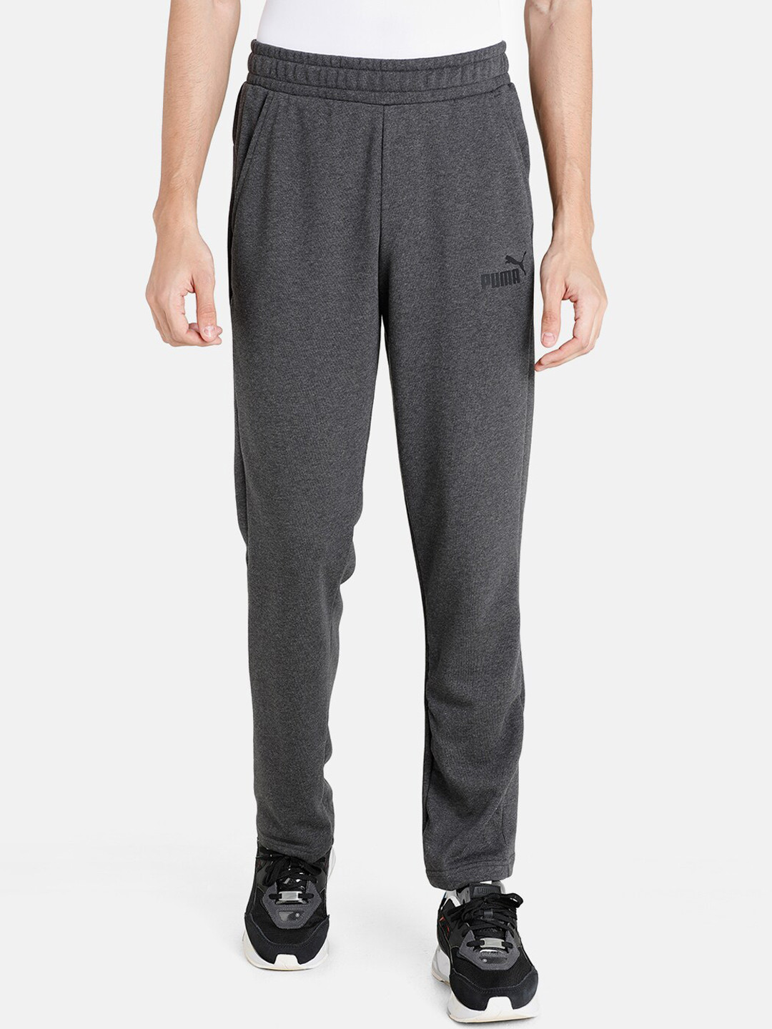 Buy Puma Men Charcoal Grey Cotton Solid Essentials Logo Regular Fit ...