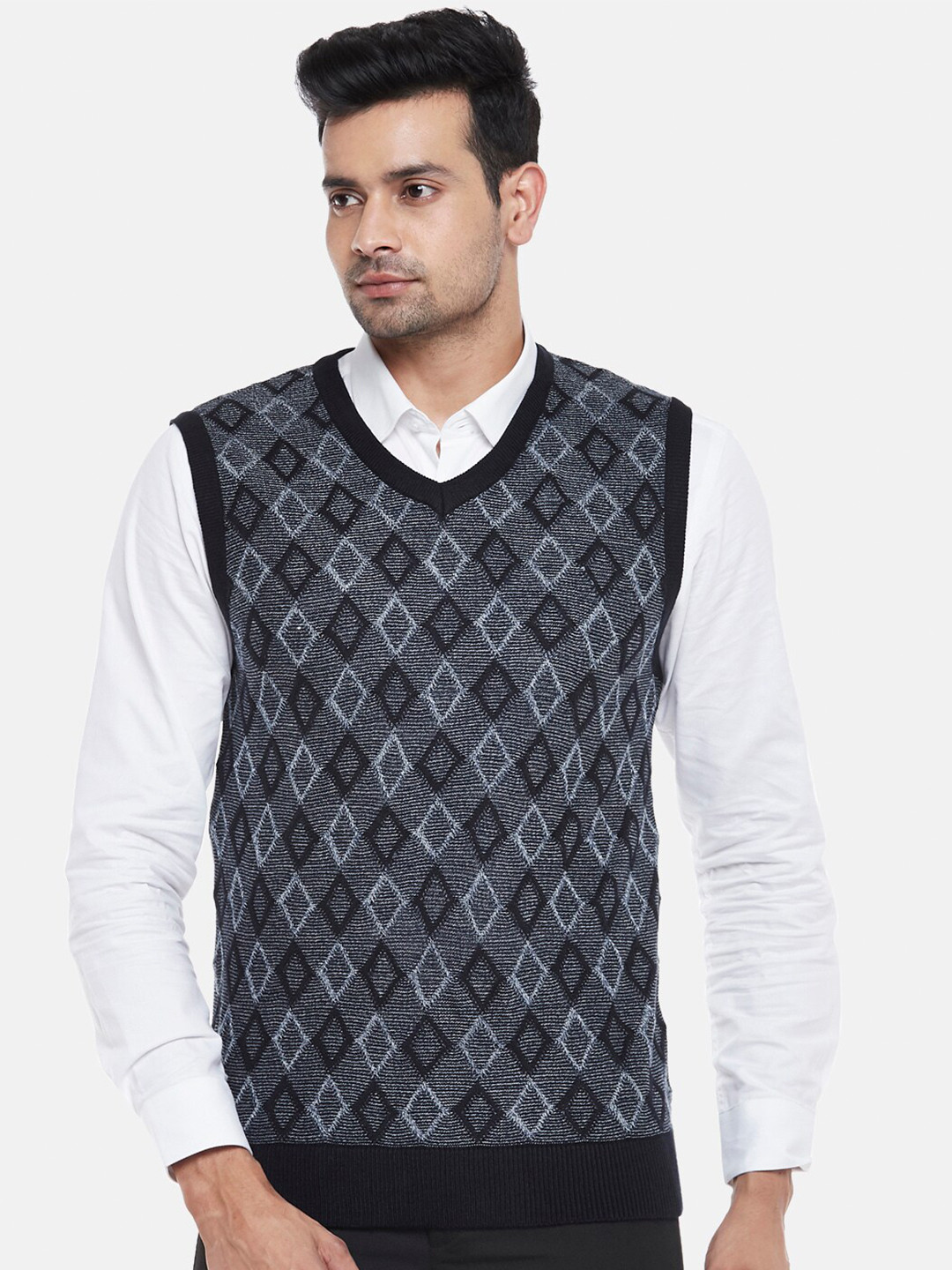 Buy BYFORD By Pantaloons Men Navy Blue & Grey Pure Acrylic Sweater Vest ...
