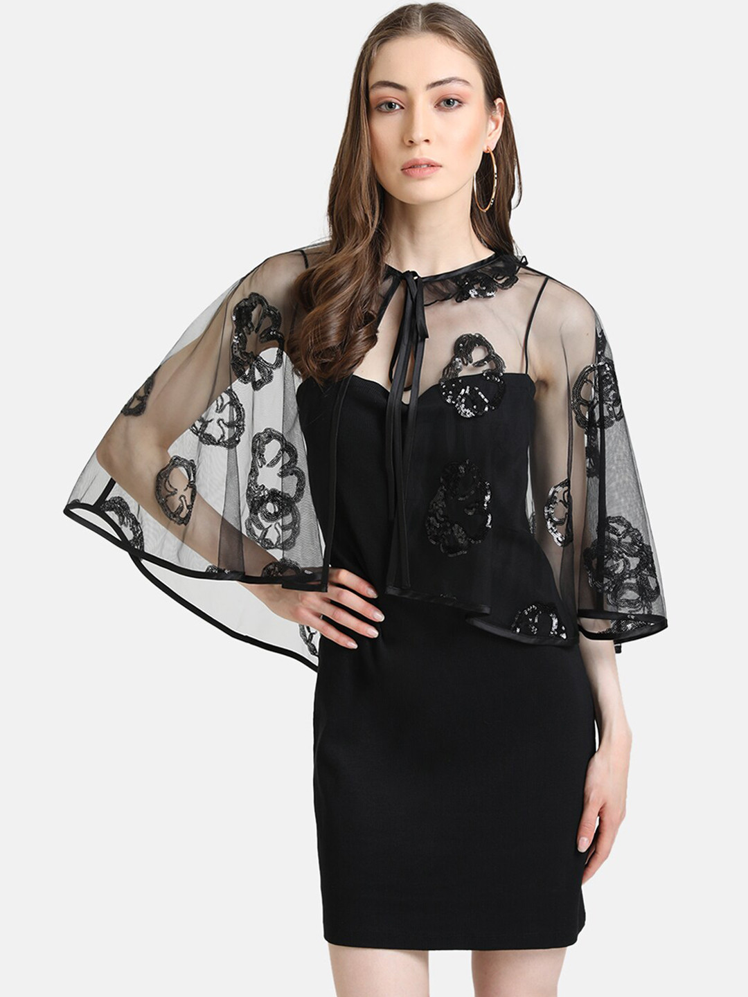 Buy Kazo Women Black Floral Embroidery Lightweight Crop Cape Jacket ...