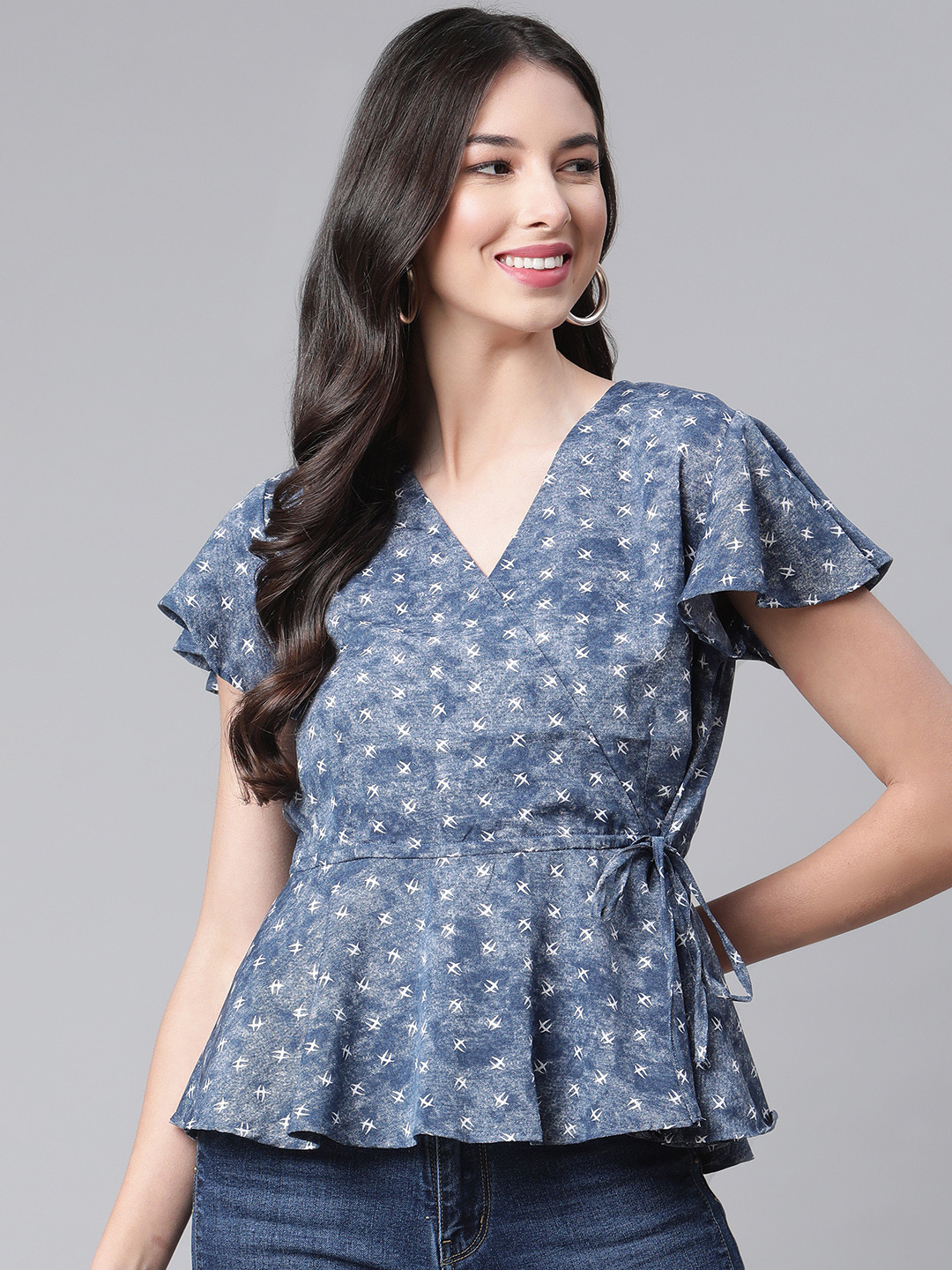 Buy Cottinfab Women Blue & White Geometric Crepe Wrap Top - Tops for ...