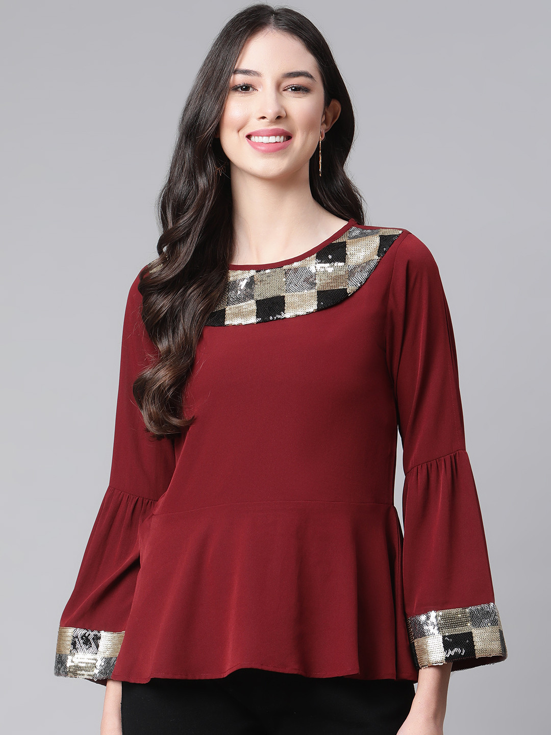 Buy Cottinfab Women Red Embellished Jewel Neck Regular Top - Tops for ...