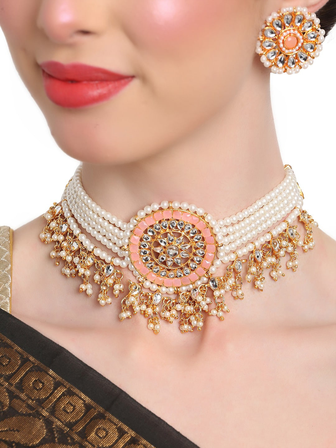 Buy Shining Diva White &Peach Colored Gold Plated & Beaded Choker Set ...