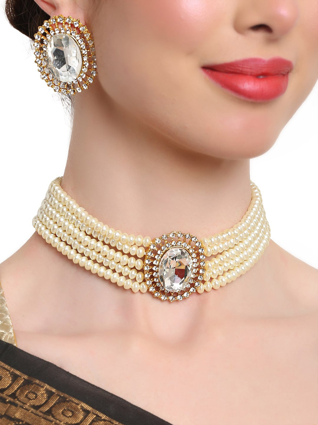 Buy Shining Diva White & Gold Toned Gold Plated & Beaded Choker Set ...