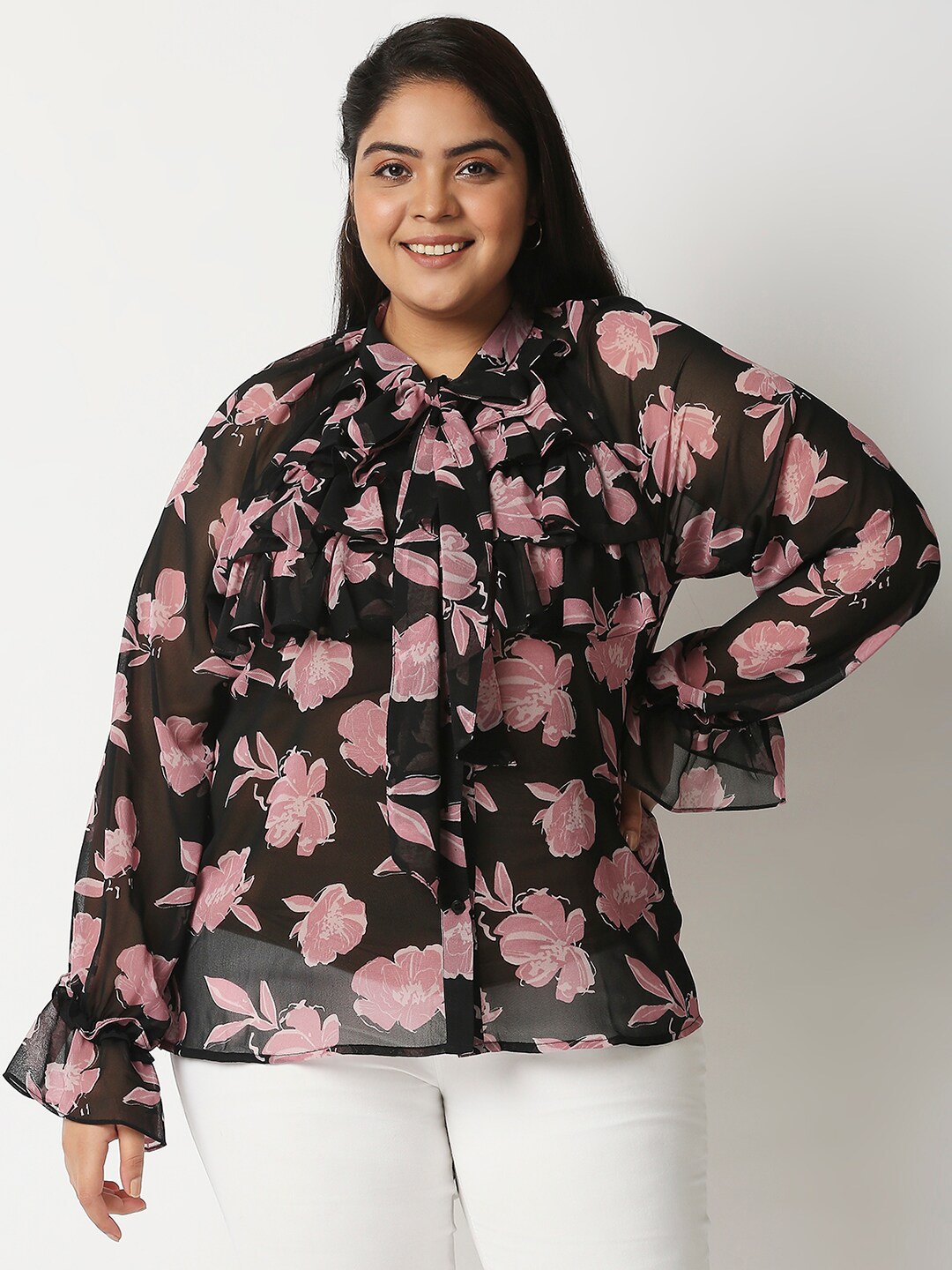 Buy 20Dresses Black & Pink Floral Tie Up Neck Georgette Shirt Style Top ... Buy 20Dresses Black & Pink Floral Tie Up Neck Georgette Shirt Style Top ...