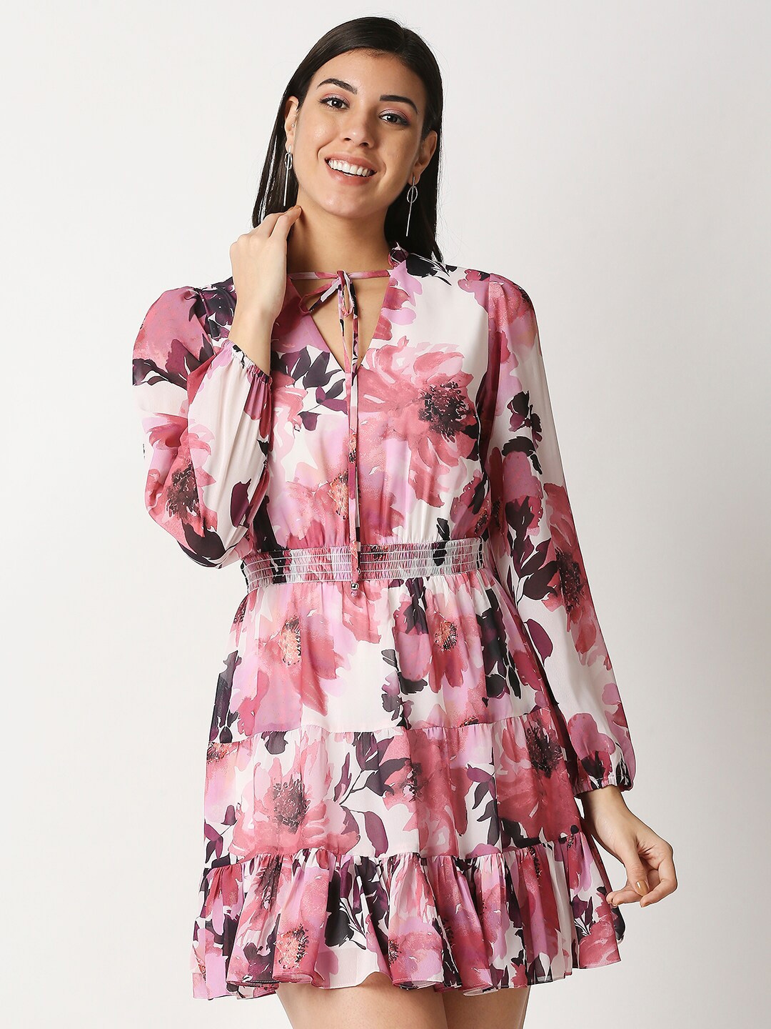 Buy 20Dresses Multicoloured Floral Tie Up Neck Georgette Mini Dress ... Buy 20Dresses Multicoloured Floral Tie Up Neck Georgette Mini Dress ...