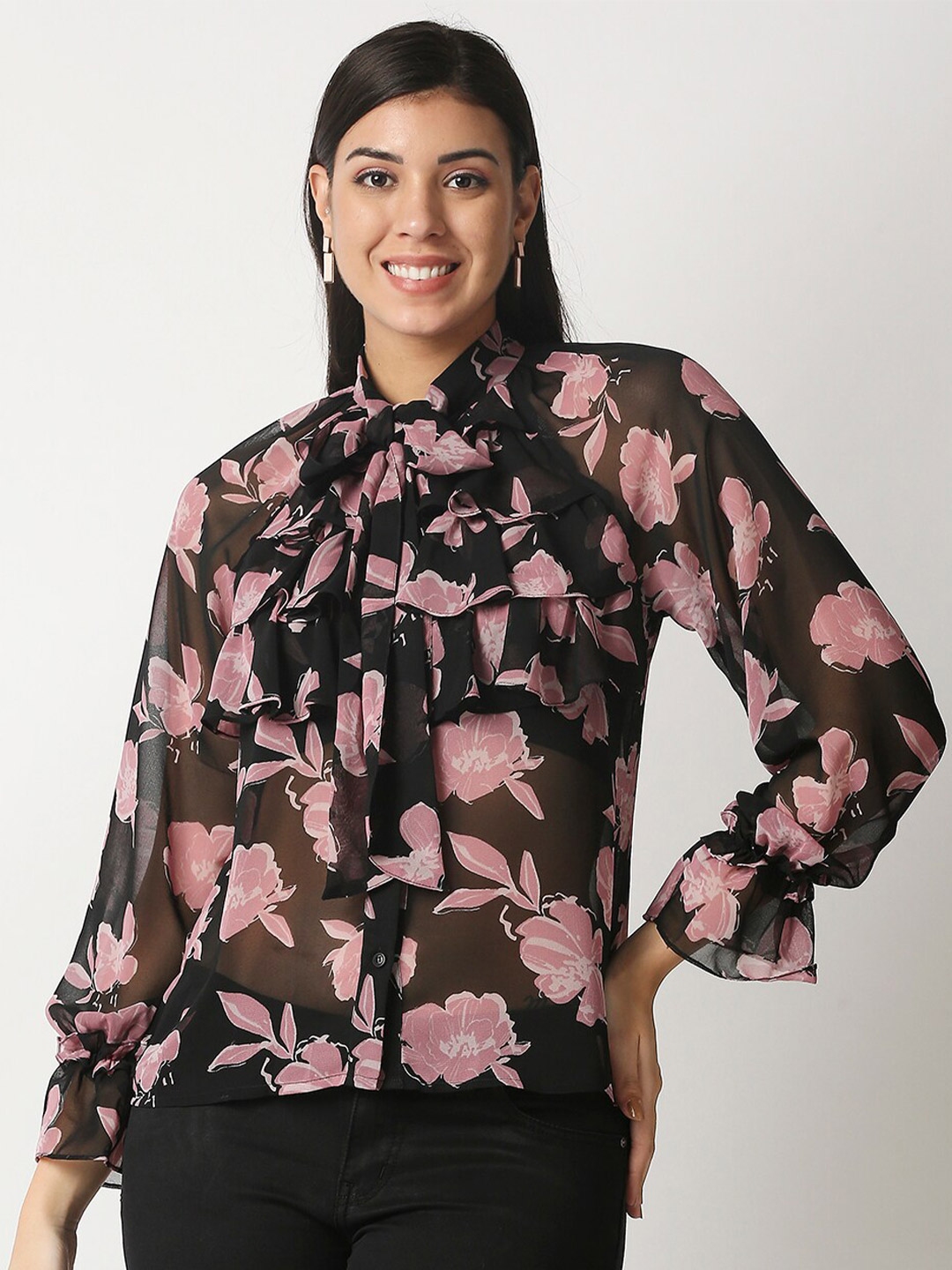 Buy 20Dresses Black Floral Tie Up Neck Ruffles Georgette Regular Top ... Buy 20Dresses Black Floral Tie Up Neck Ruffles Georgette Regular Top ...