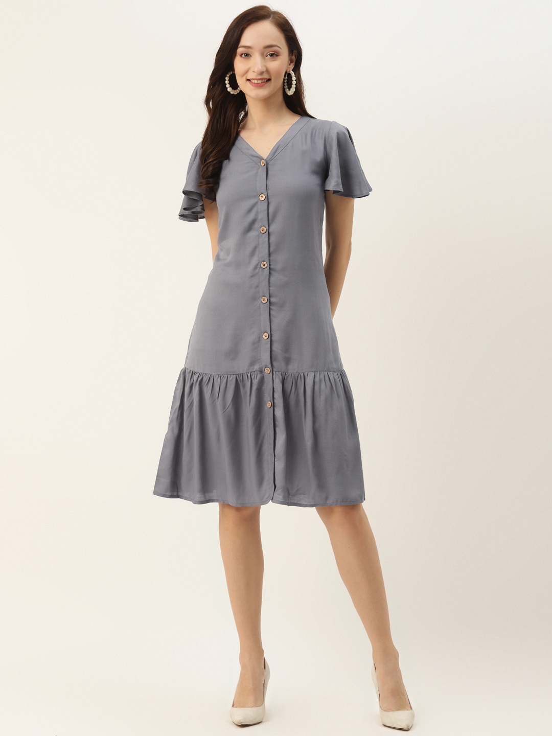 Buy Brinns Grey Solid A Line Midi Dress Dresses For Women 16043806