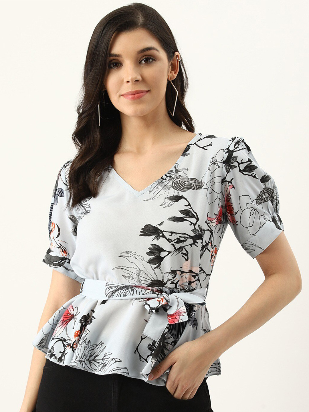 Buy U&F Grey Floral Crepe Cinched Waist Top - Tops for Women 16045154 ...