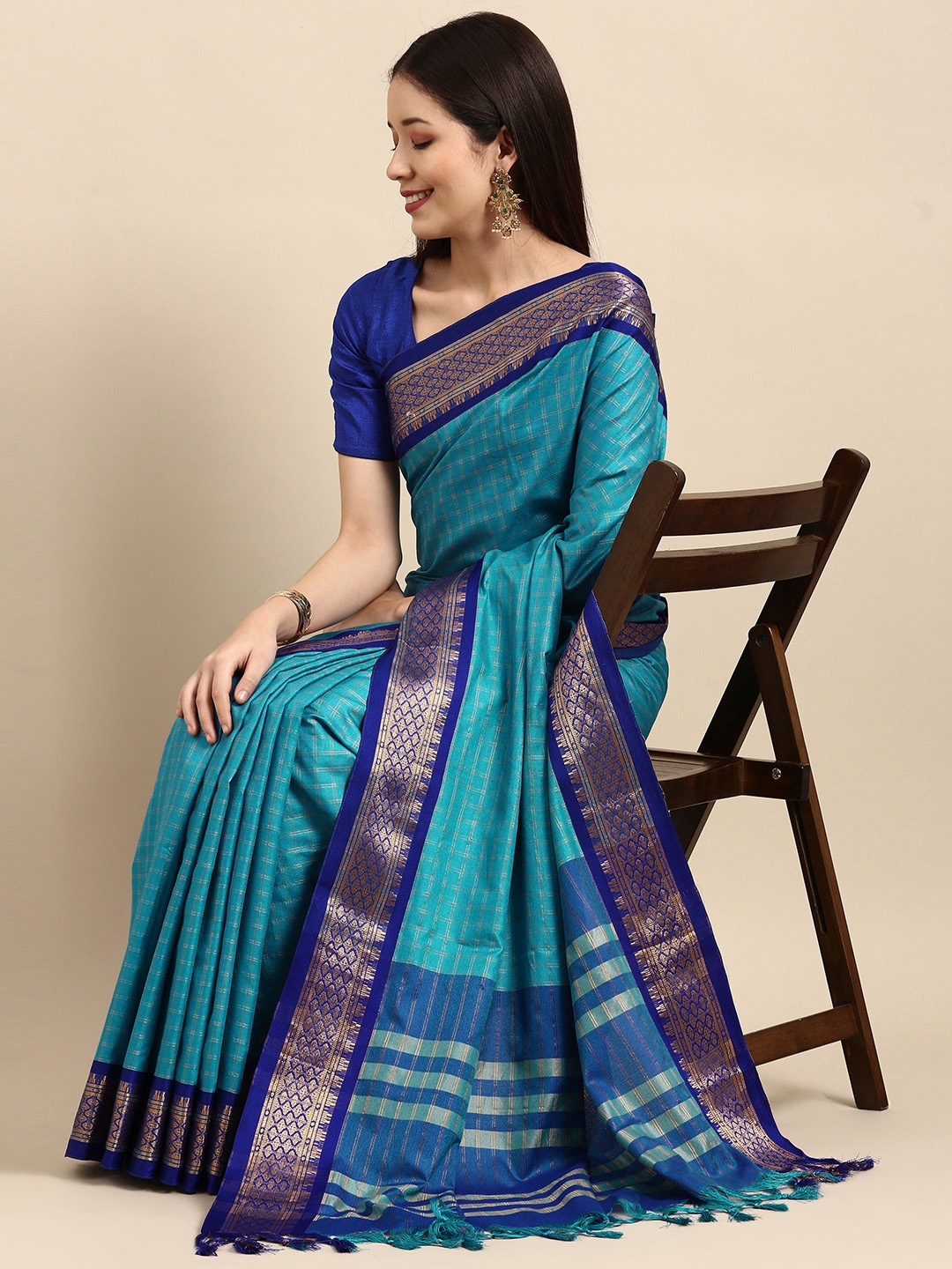 Buy Anouk Blue And Gold Toned Woven Design Pure Silk Banarasi Saree