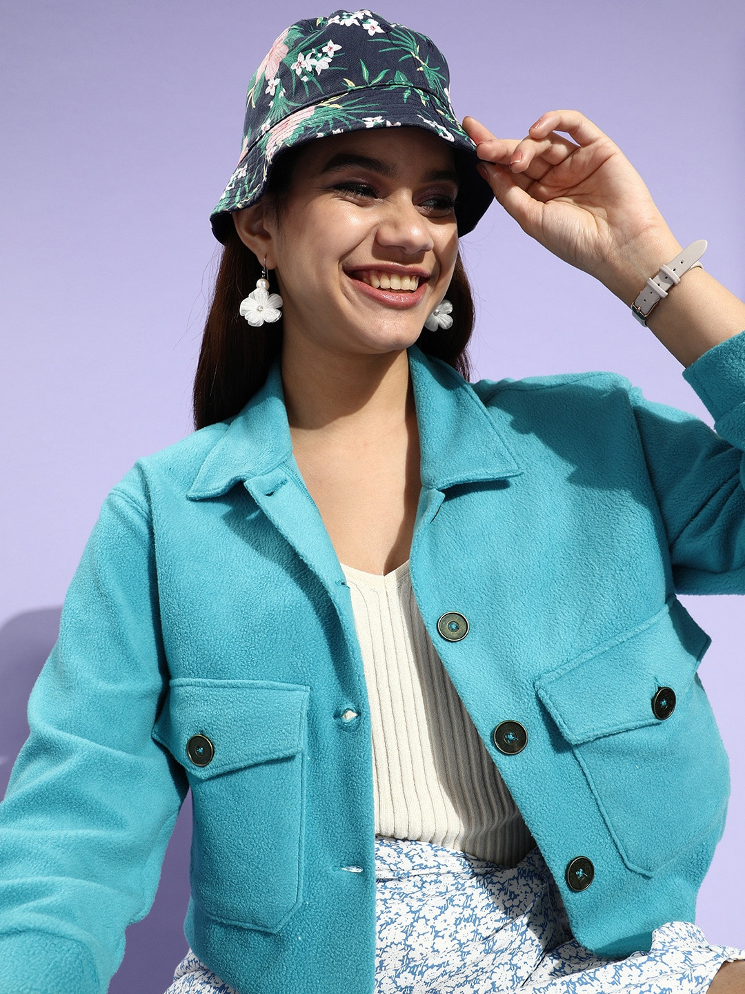 Buy KASSUALLY Women Turquoise Blue Faux Fur Crop Tailored Jacket ...