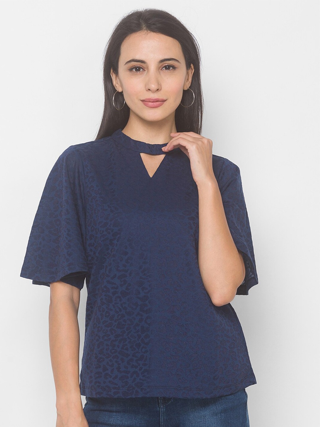 Buy Globus Navy Blue Solid Keyhole Neck Regular Top Tops For Women