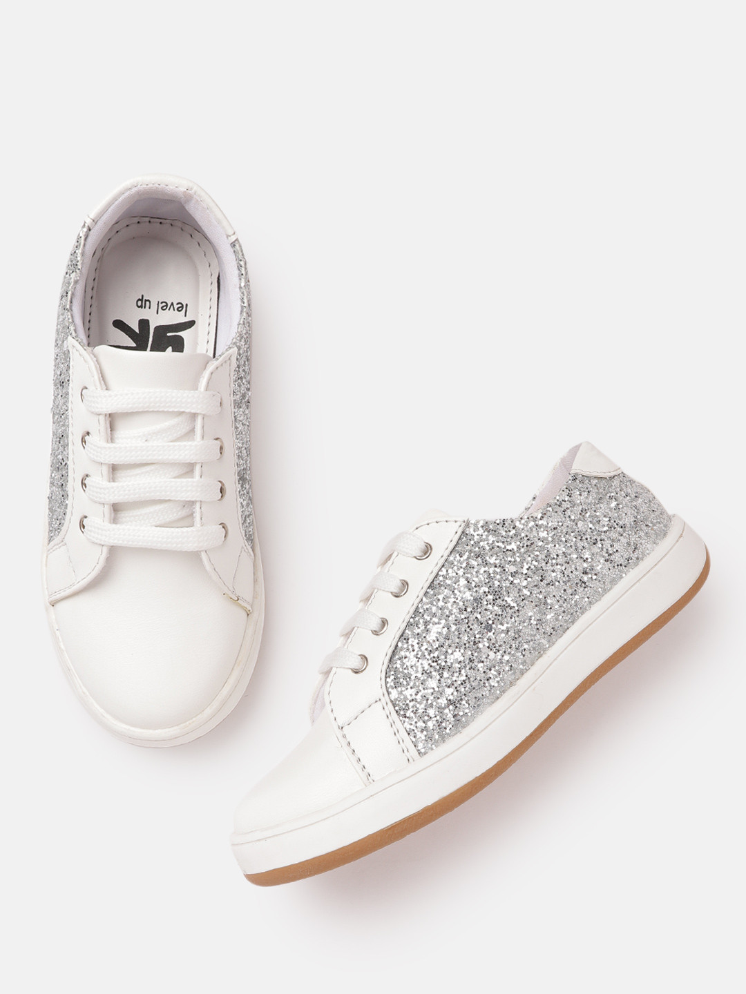 Buy YK Girls White & Silver Toned Shimmer Colourblocked Sneakers ...