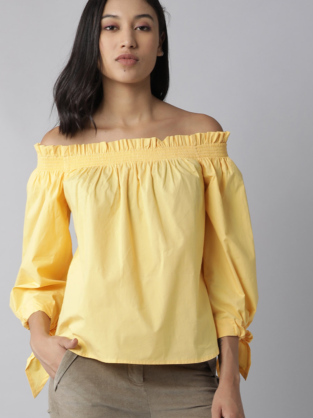 Buy RAREISM Yellow Off Shoulder Pure Cotton Bardot Top - Tops for Women ...