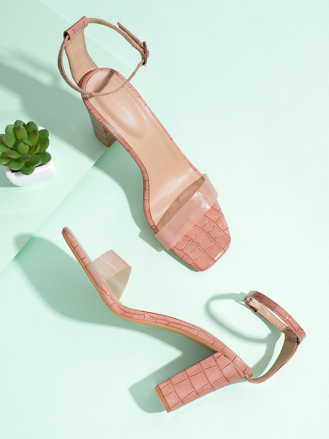 Buy Mast & Harbour Pink Textured Ankle Loop Block Heels - Heels for ...