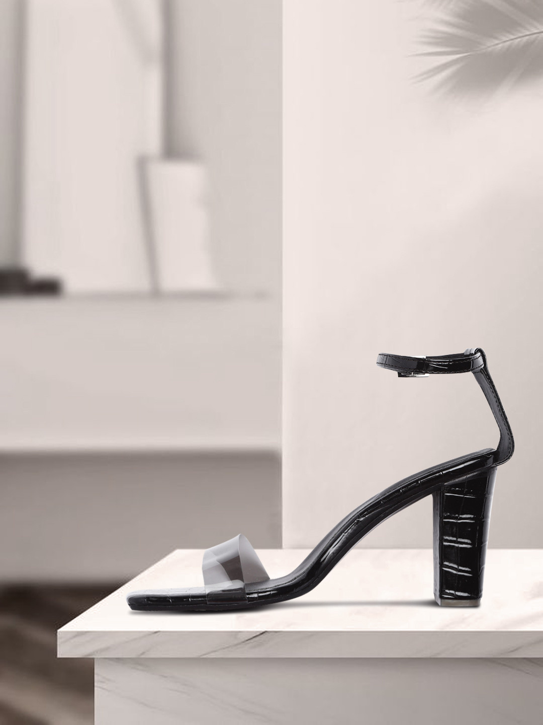 Buy Mast & Harbour Black Textured Ankle Loop Block Heels - Heels for ...