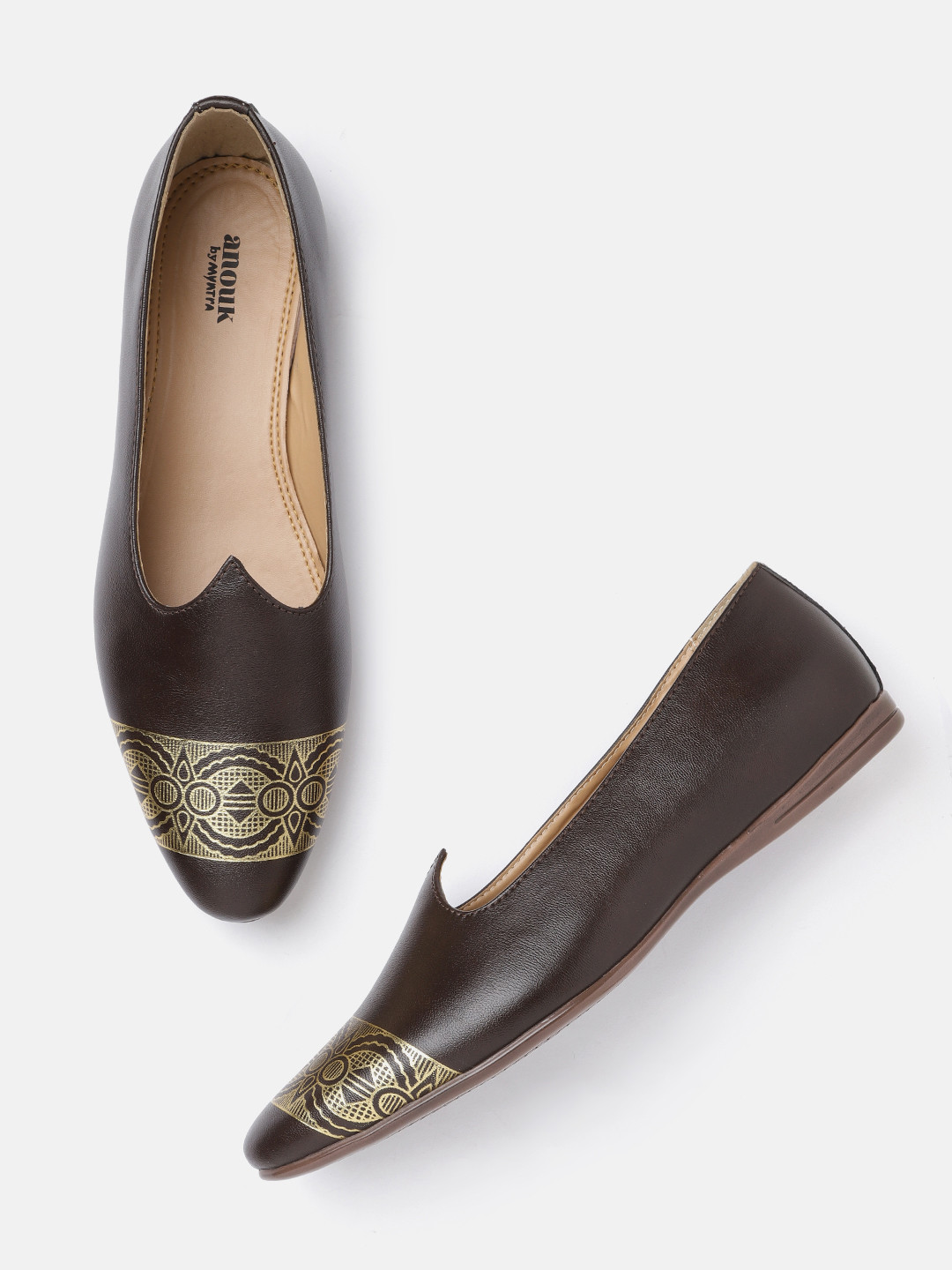 Buy Anouk Men Coffee Brown & Gold Toned Printed Handcrafted Mojaris ...