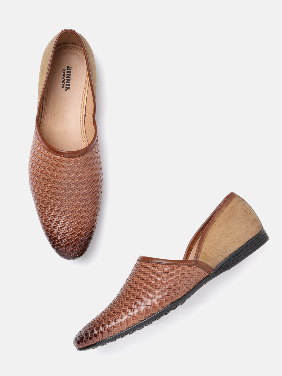 Buy Anouk Men Brown Basketweave Textured Handcrafted Mojaris - Casual ...