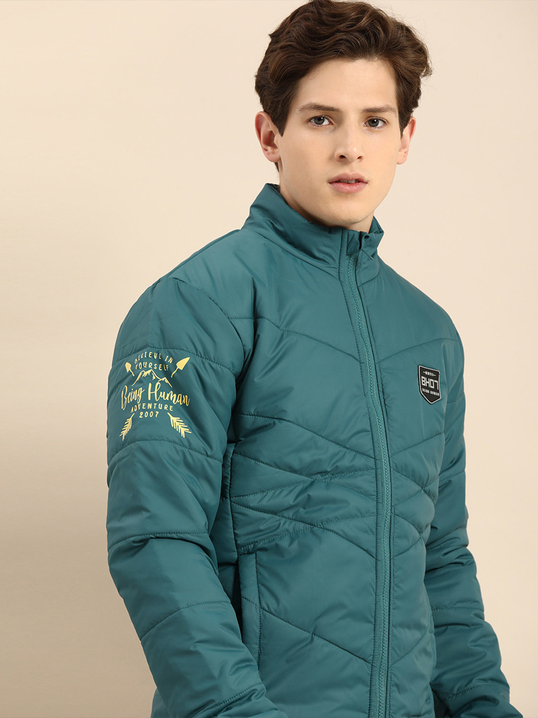 Buy Being Human Clothing Men Teal Blue Solid Lightweight Padded Jacket ...
