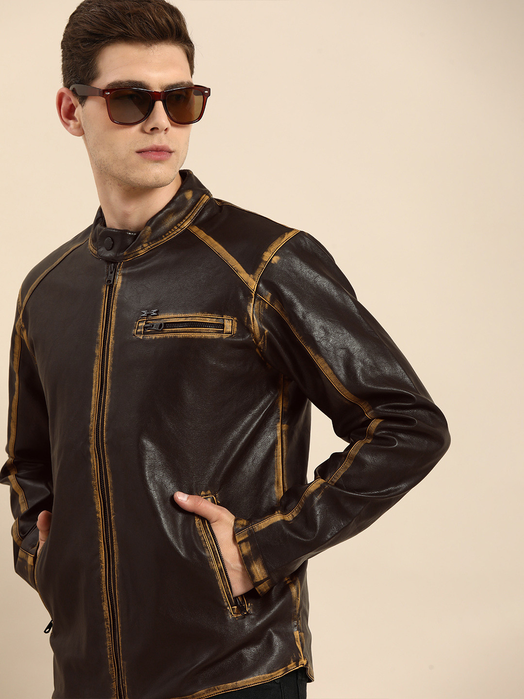 Buy Being Human Men Brown Gold Toned Striped Lightweight Bomber Jacket ...