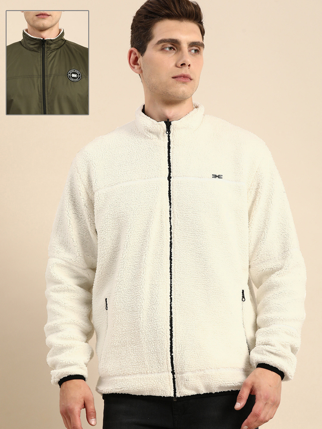 Buy Being Human Men White Olive Green Reversible Fleece Jacket ...