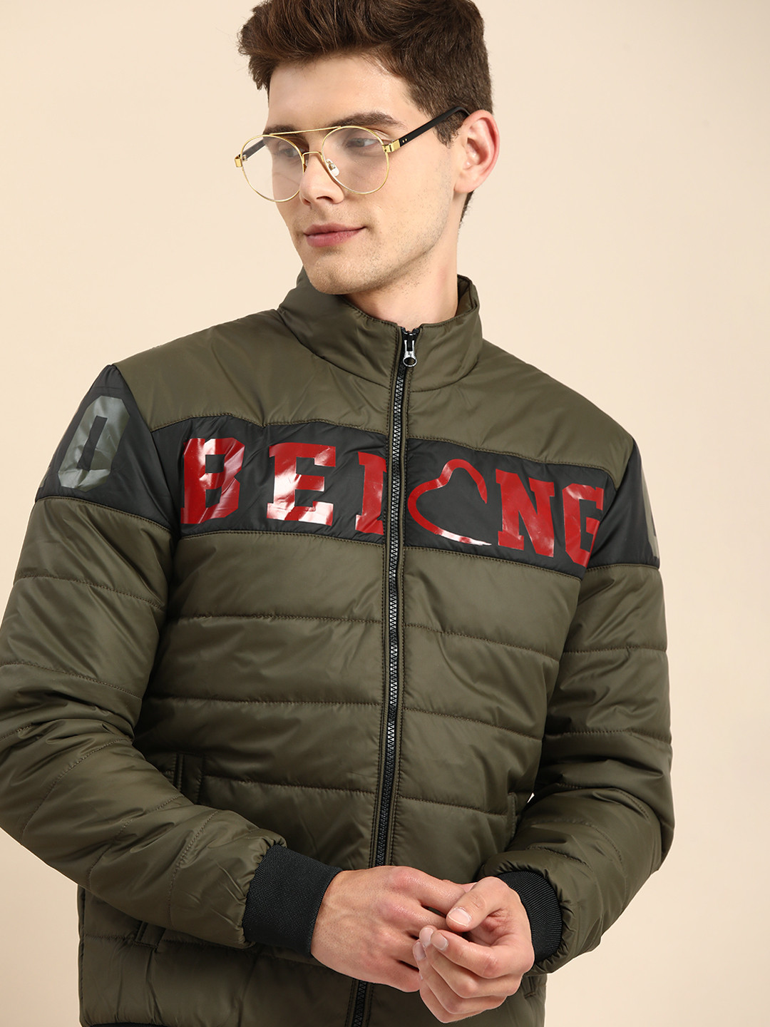 Buy Being Human Men Olive Green Brand Logo Printed Lightweight Padded ...