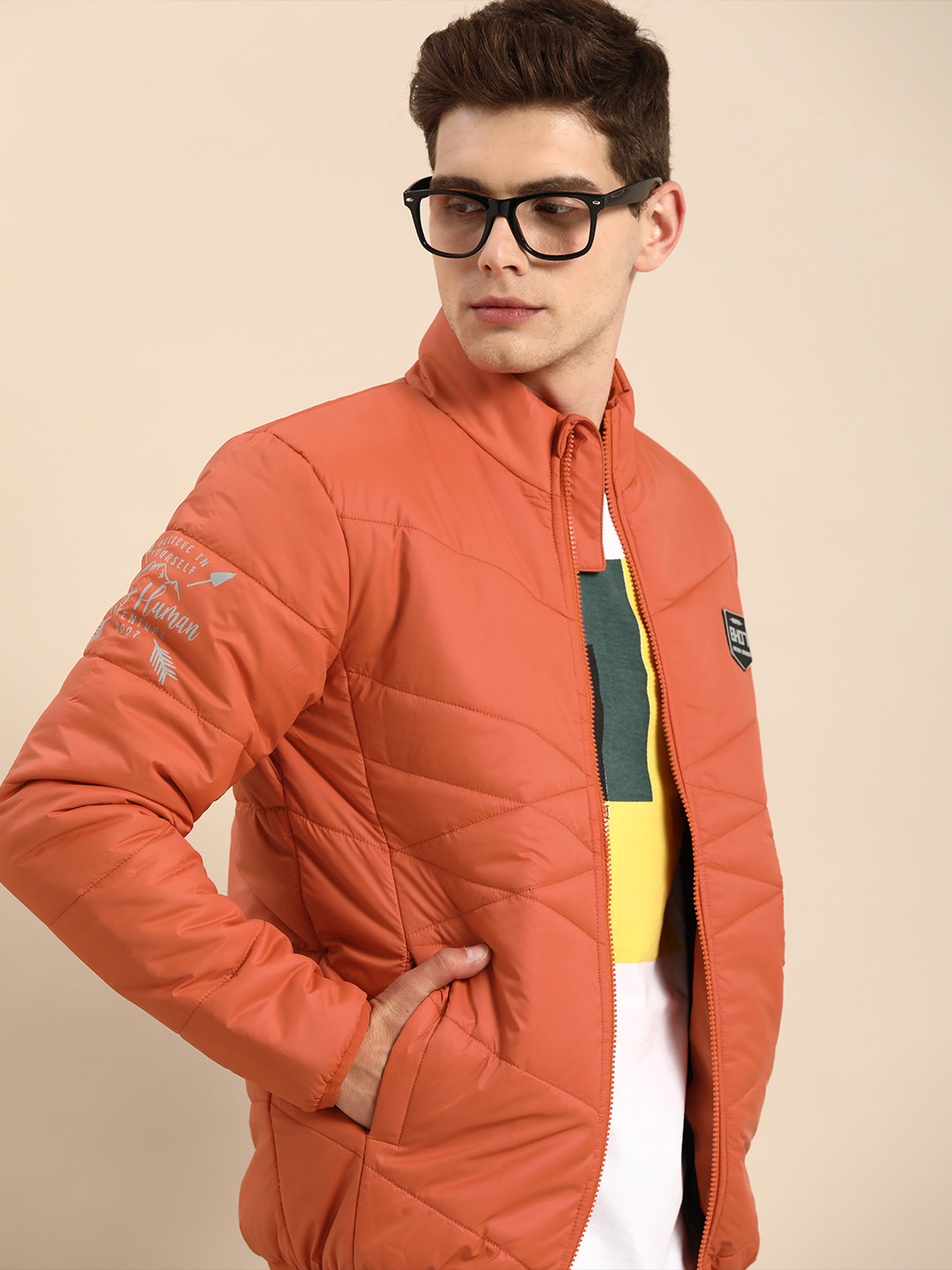 Buy Being Human Men Orange Padded Jacket With Printed Detailing ...