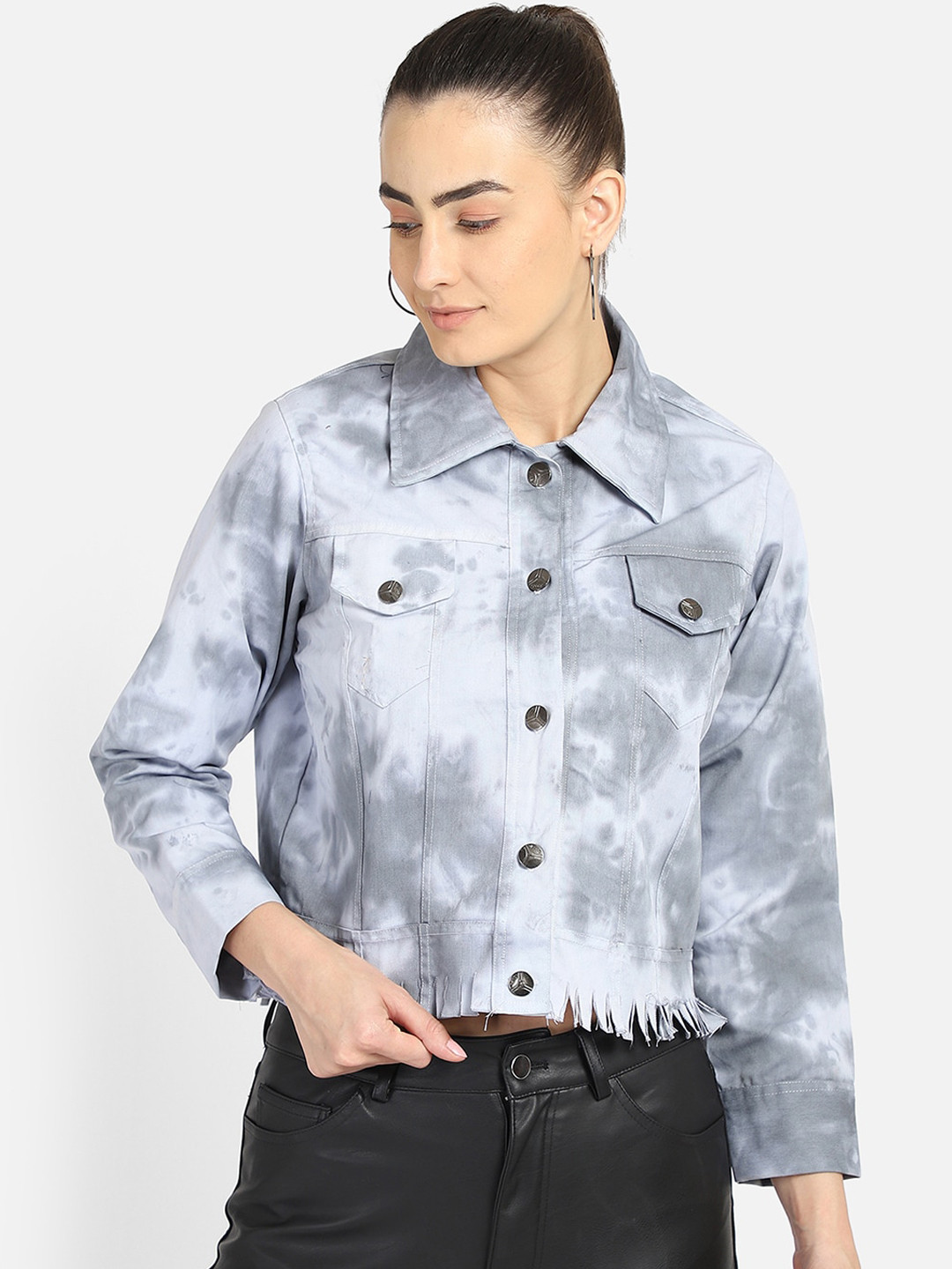 Buy Emeros Women Grey Tie & Dye Washed Lightweight Crop Denim Jacket ...