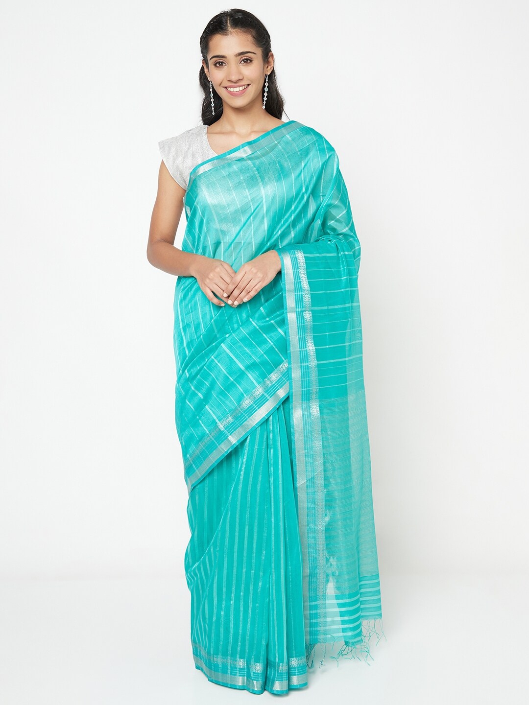 Buy Fabindia Blue & Silver Toned Striped Zari Saree - Sarees for Women ...
