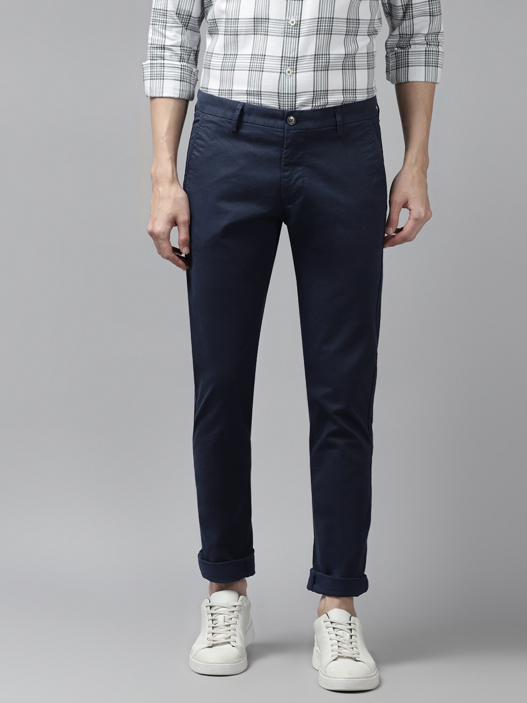 Buy Arrow Men Navy Blue Solid Pure Cotton Slim Fit Trousers - Trousers ...