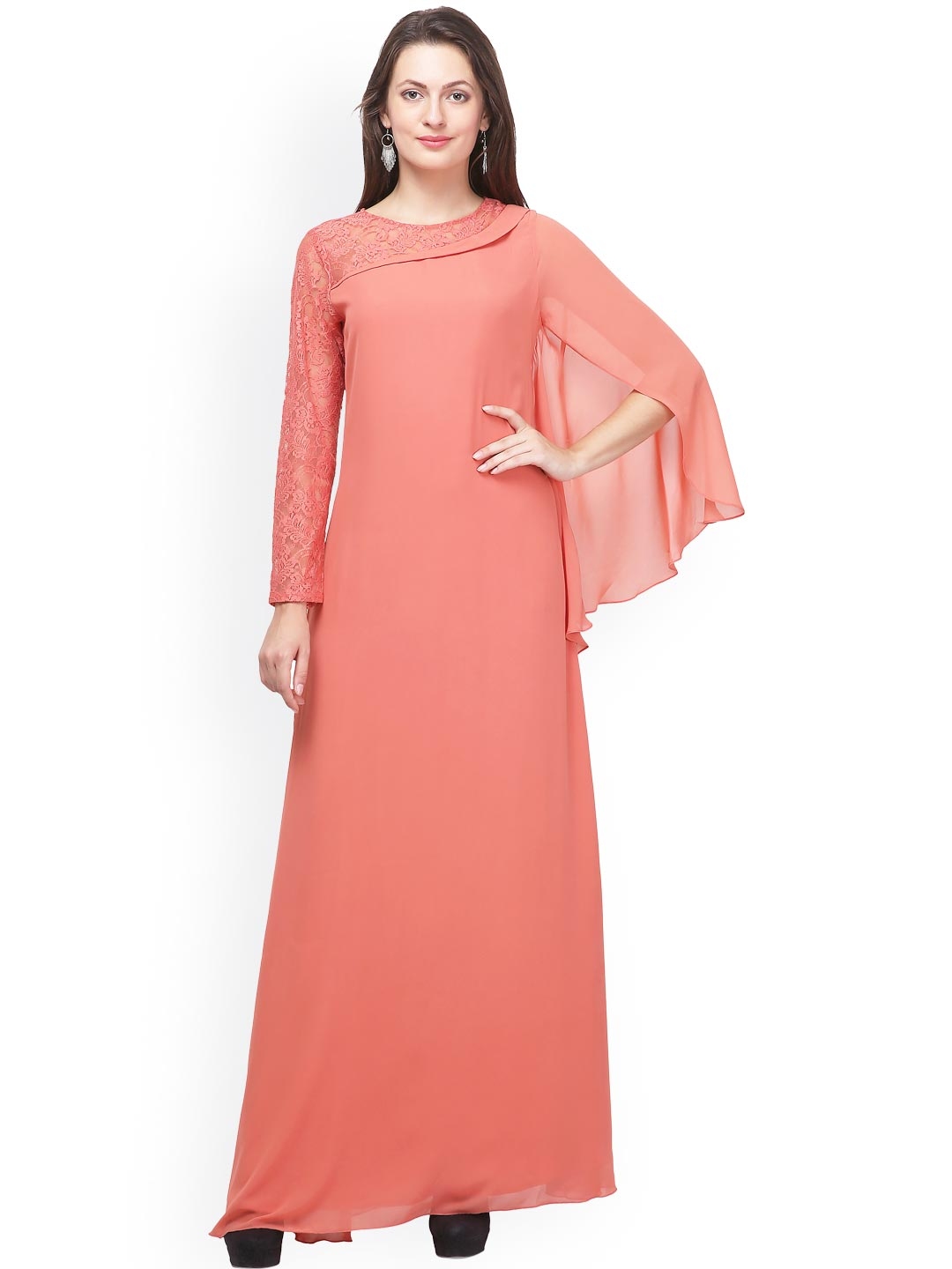 Buy Eavan Women Peach Coloured Lace Maxi Dress Dresses For Women