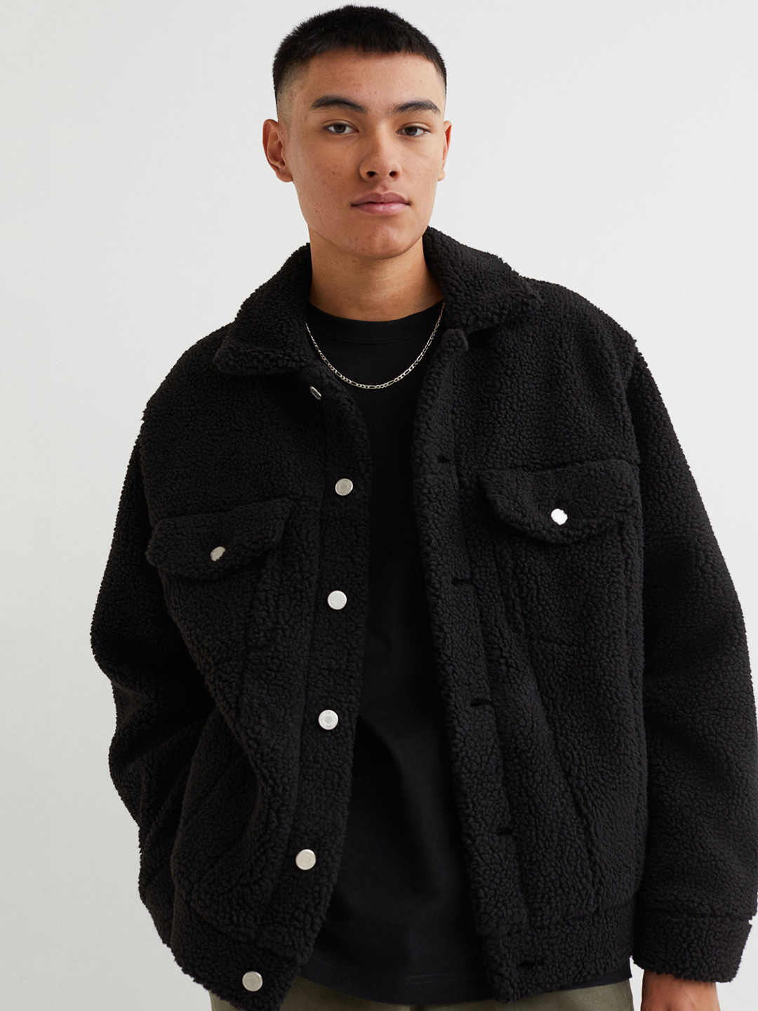 Buy H&M Men Black Oversized Faux Shearling Jacket - Jackets for Men ...