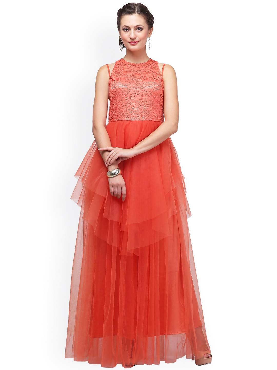 Buy Eavan Women Peach Coloured Lace Maxi Dress Dresses For Women