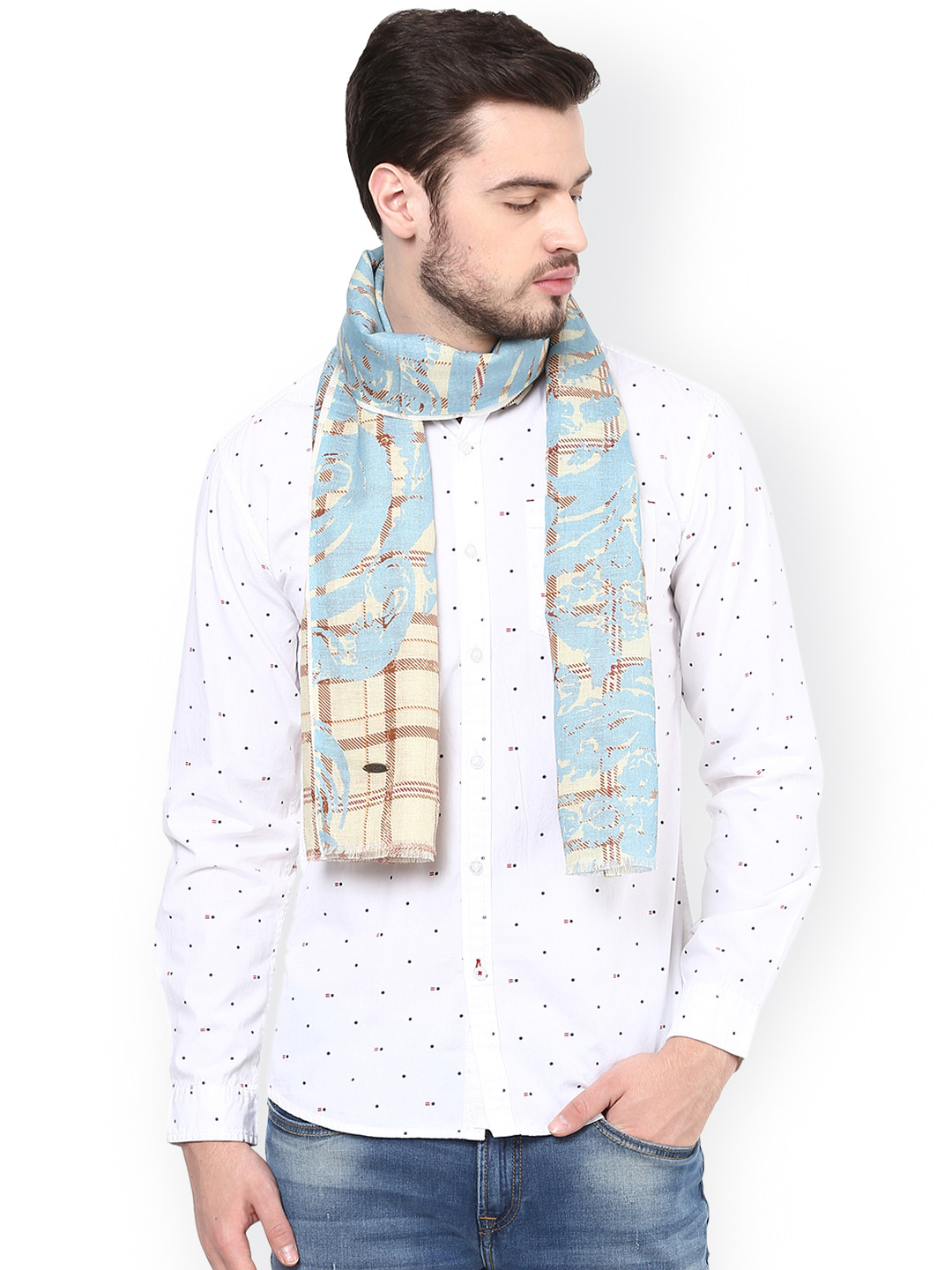 Buy SHINGORA Beige & Blue Dobby Patterned Muffler - Mufflers for Men ...