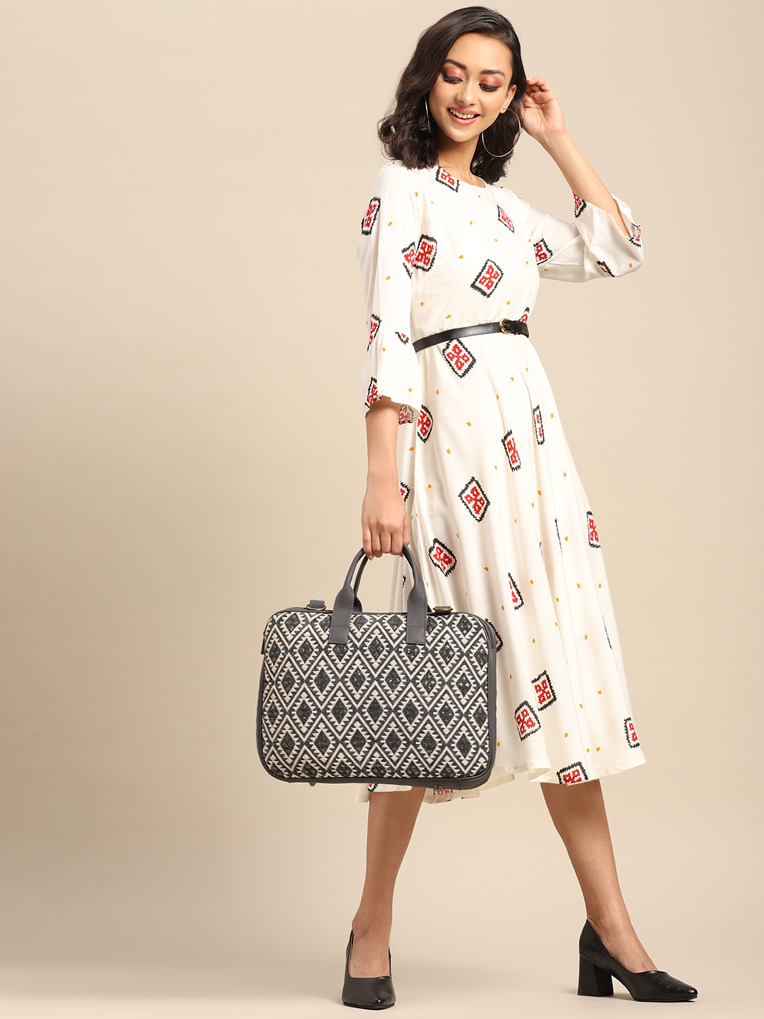 Buy Anouk Women Grey & Off White Jacquard Woven Design 15 Inch Laptop ...