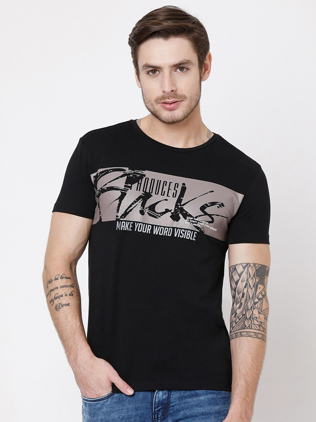 Buy Rex Straut Jeans Men Black Biker Printed Applique Slim Fit T Shirt ...