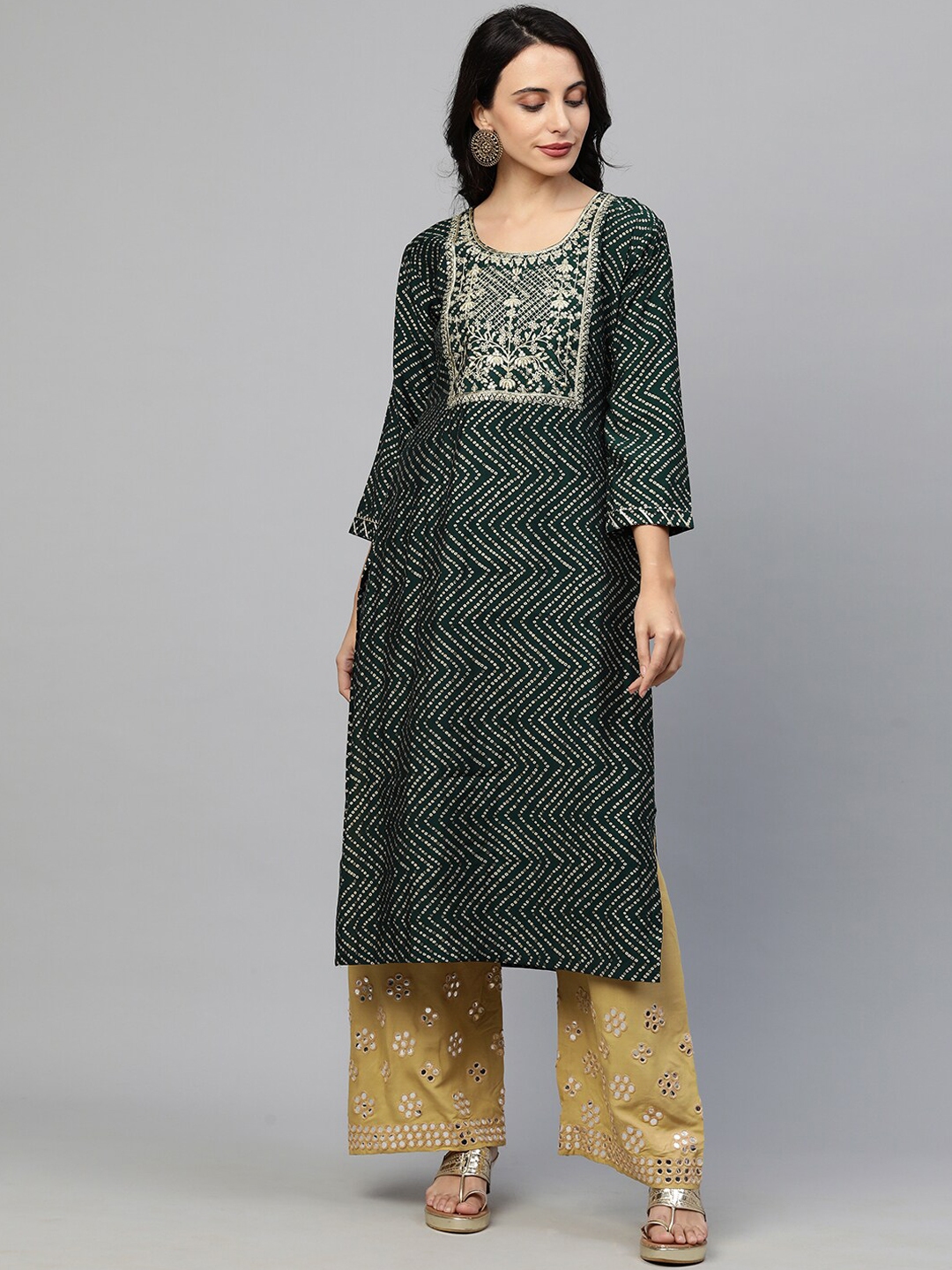 Buy Fashor Women Green Ethnic Motifs Printed Flared Sleeves Thread Work