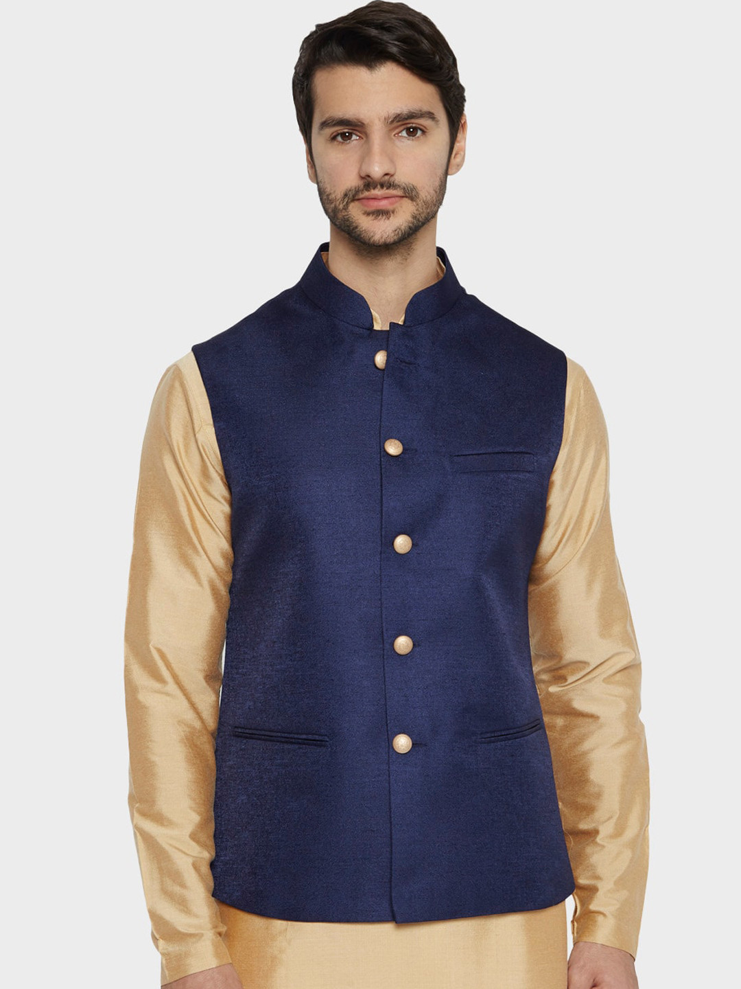 Buy Ethnix By Raymond Men Navy Blue Solid Nehru Jacket - Nehru Jackets ...