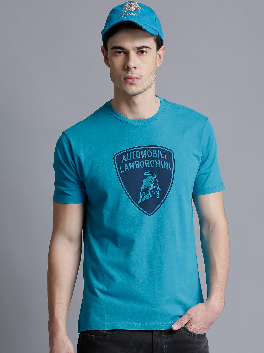 Buy Automobili Lamborghini Men Blue Shield Printed Round Neck T Shirt ...